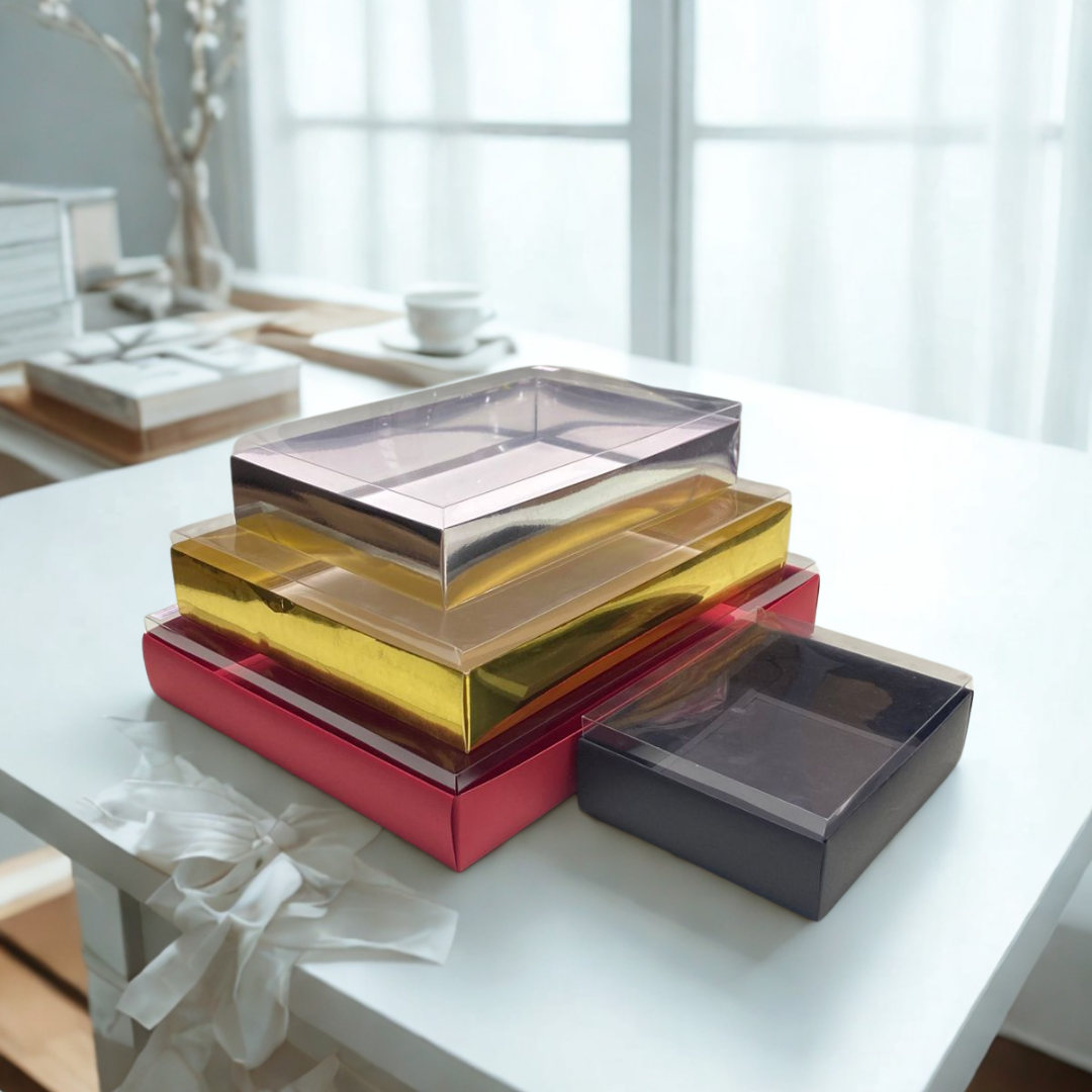 Cajas rectangular con tapa transparente en color negro, rojo, blanco o ...